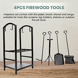 HECASA 29" Firewood Log Rack with 4 Fire Place Tools Fireplace Tool Rack Indoor Outer Wood Holders Firewood Storage Rack with Poker Hook Shovel Duster