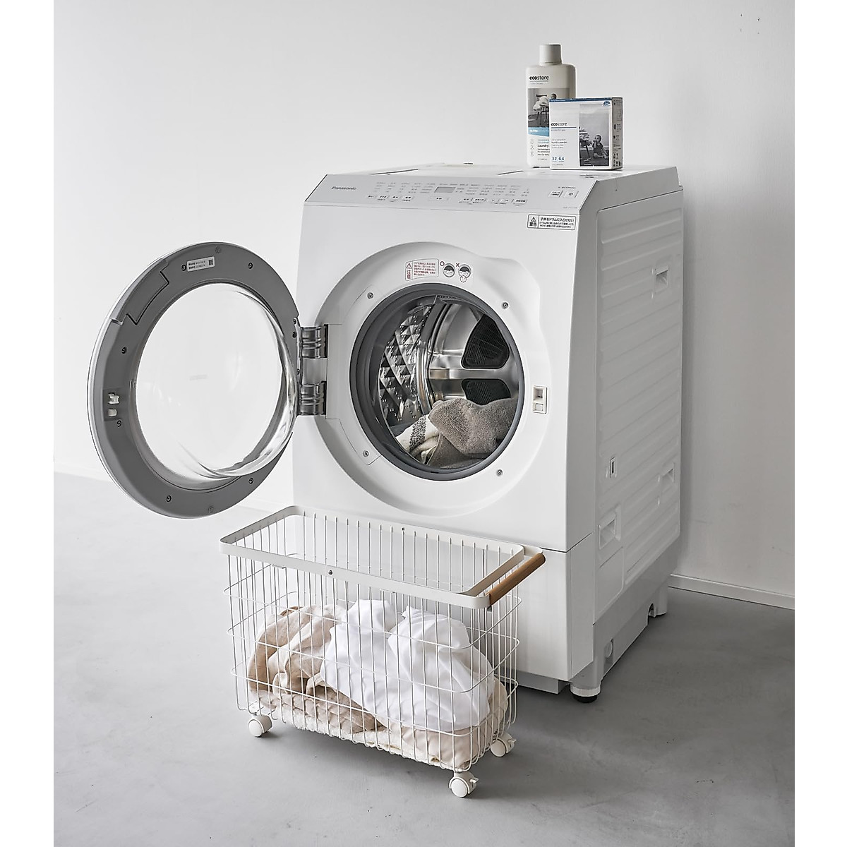 Yamazaki Home Tosca Compact Rolling Laundry Basket Cart - Metal Hamper With Wheels And Handle For Easy Mobility - Space-Saving Storage Solution, 15" - Steel + Wood - 9.2 Gallons, 35L