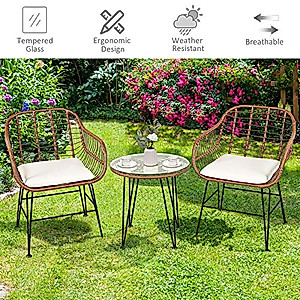 Tangkula 3 Pieces Patio Conversation Bistro Set, Outdoor Wicker Furniture w/Round Tempered Glass Top Table & 2 Rattan Armchairs, Bistro Chat Set w/Seat Cushions for Porch, Backyard, Garden (White)