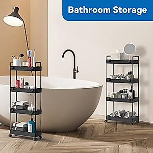 2 Pack 4 Tier Slim Storage Cart, Bathroom Organizer Laundry Room Organization Mobile Shelving Unit Slide Out Utility Rolling Rack with Wheels for Kitchen Garage Office Small Apartment Narrow Space
