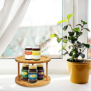 Lazy Susan Turntable Spice Rack - 10 Inch 2-Tier Bamboo Kitchen Countertop Cabinet Rotating Condiments Organizer