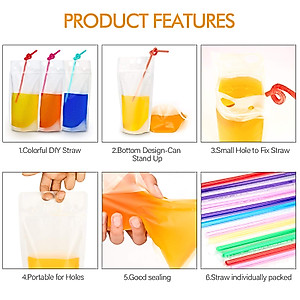 100PCs Drink Pouches with 100PCS Individual Wrapped Straws, Yamgqus Freezable Juice Pouches DIY Reclosable Zipper Drink Bags for Adults and Kids, Silicone Funnel Included - 17oz (100 Pack)