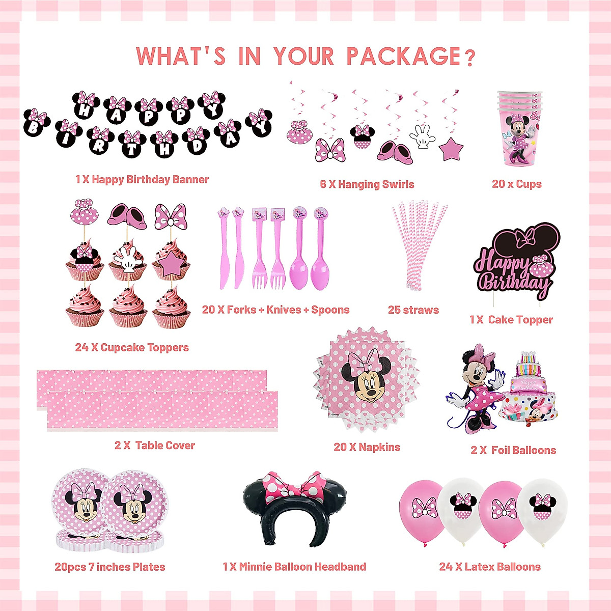 206 Pcs Birthday Party Supplies Serves 20 Guests, Party Decorations with Mouse Banner, Cake Topper, Spoons, Fork, Knife, Napkins, Tablewear,Tablecover and Hanging Swirls