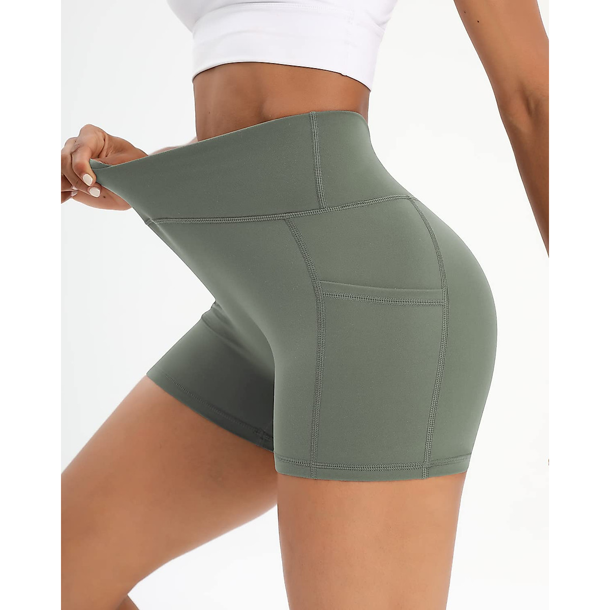 Workout Shorts for Women 2 Pcs Pack Cross Waist Active Gym Spandex Stretchy Yoga Compression with Side Pockets Burgundy+Olive-M