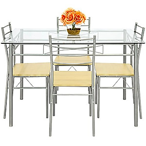 Best Choice Products 5-Piece Glass Top Dining Table Breakfast Set Furniture for Kitchen, Dining Room w/ 4 Chairs, Steel Frame - Silver