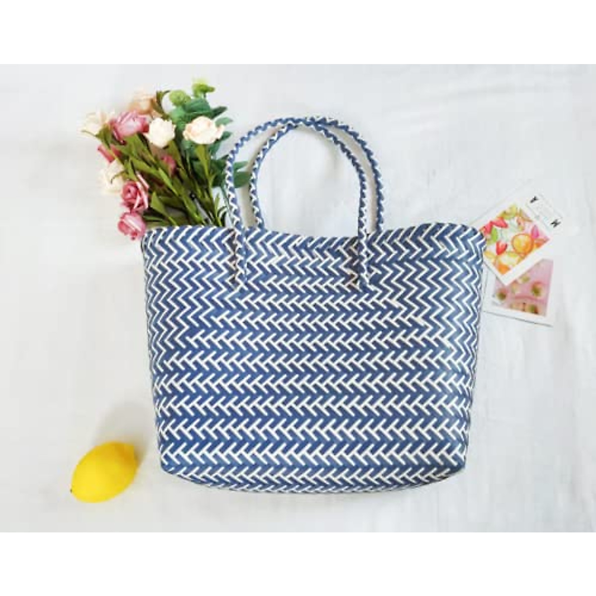 Goodly Beach Bag/Handmade Woven Market Tote Bag/Woven Versatile Large Top Handle Bag(Blue)
