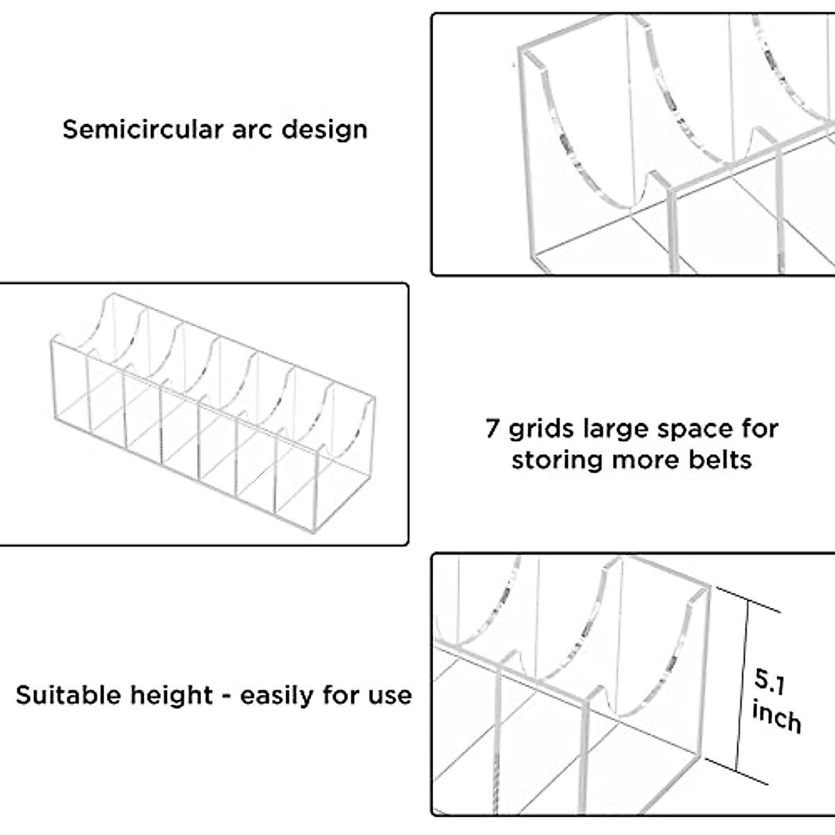 Kweetle Belt Organizer 7 Compartments, Clear Belt Holder Display Case Acrylic Belt Organizer for Closet, Tie