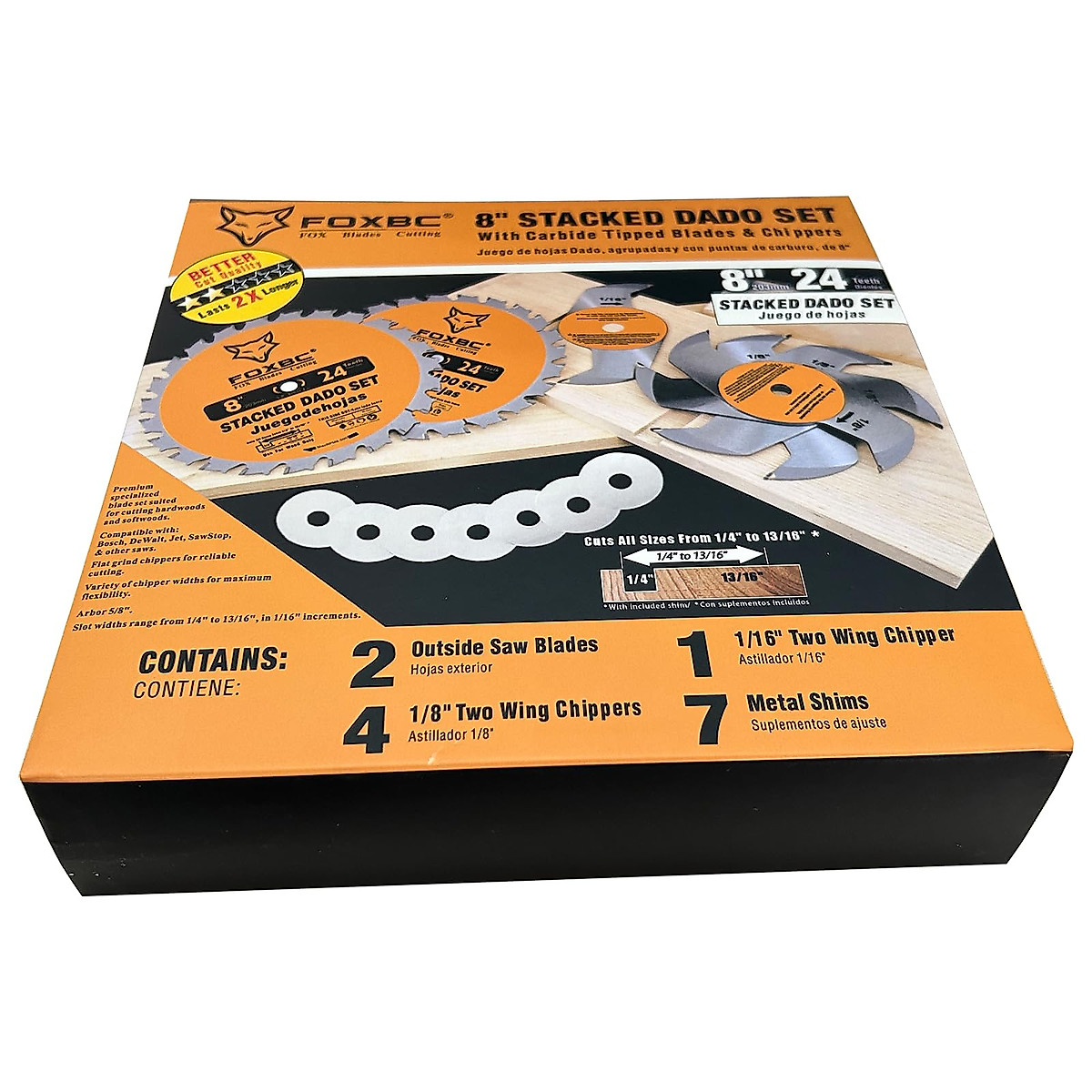 FOXBC 8" Carbide Stacking Dado Blade Set for SawStop, Jet, Dewalt, Bosch Saw - 14 Pieces