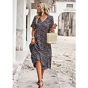 Vaiaye Women Short Sleeve Floral Boho Dress Summer Sundress Casual Wrap V Neck A-Line Bohemian Maxi Dresses Royal Blue