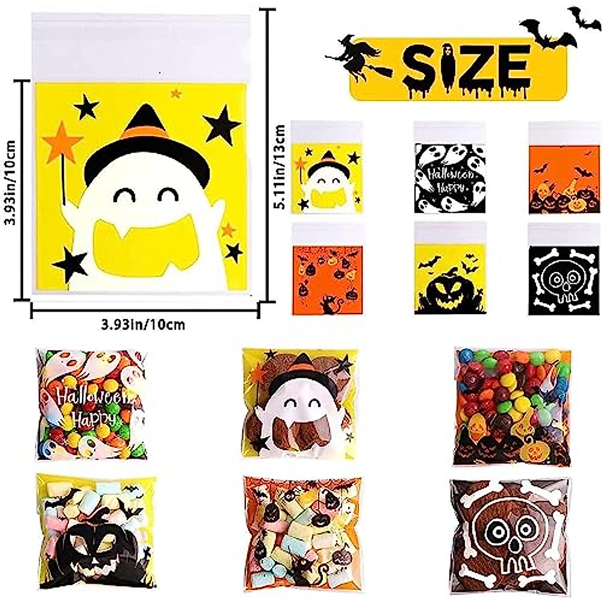 Hfpengzan 300 Pcs Halloween Cellophane Candy Bags,Self Adhesive Clear Cookie Treat Bags for Kids Halloween Party Favor Supplies