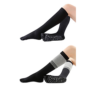 DIACACY Over Knee Non-Slip Skid Yoga Socks Five Toes Yoga Cotton Socks for Women BLK Stripe+BLK