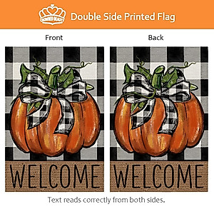 CROWNED BEAUTY Fall Pumpkin Garden Flag 12x18 Inch Double Sided for Outside Thanksgiving Burlap Buffalo Plaid Welcome Small Seasonal Yard Decoration (Orange)
