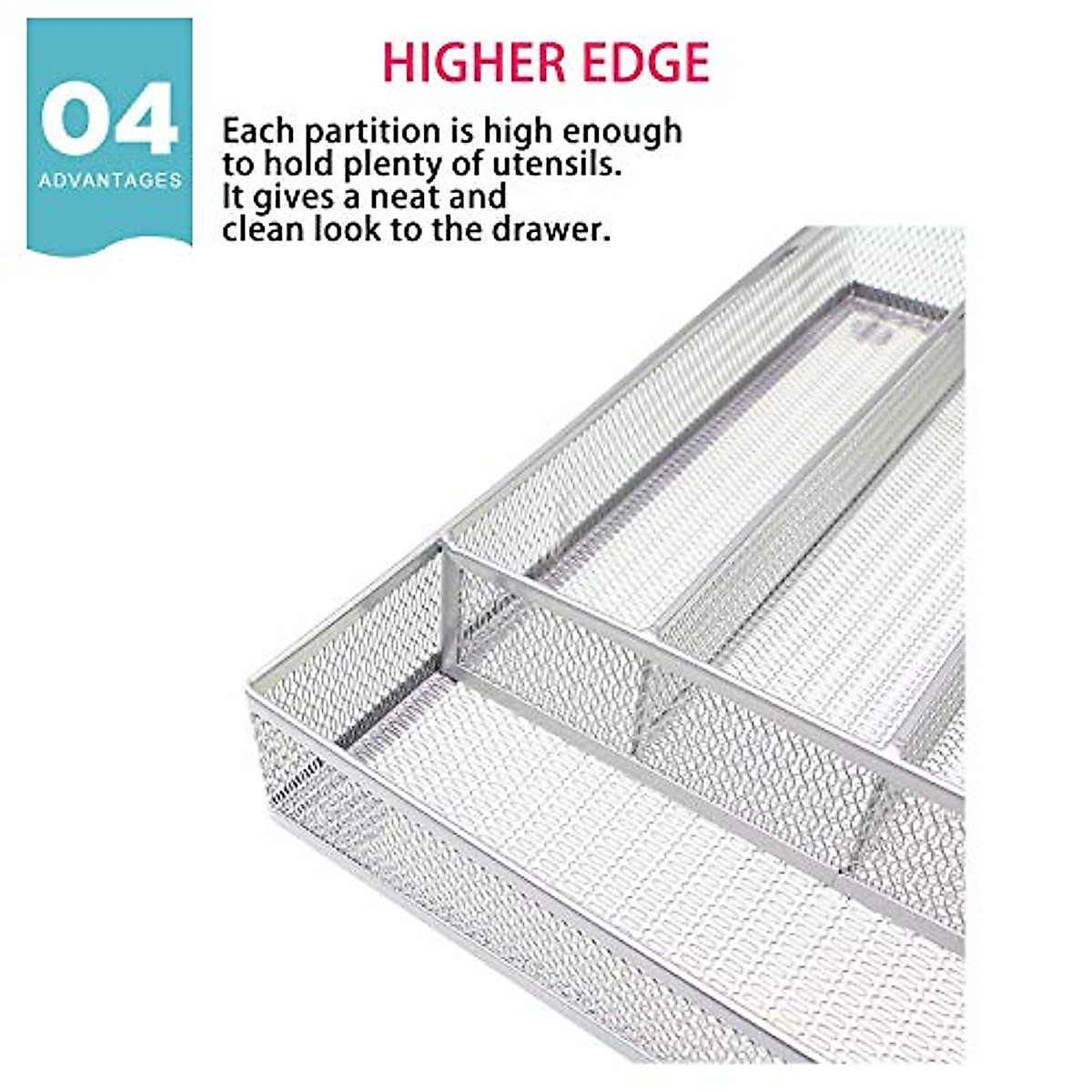 LUOOV 5 Compartment Mesh Small Cutlery Tray with Foam Feet - Kitchen Organization/Silverware Storage Kitchen Utensil Flatware Tray (Silver)