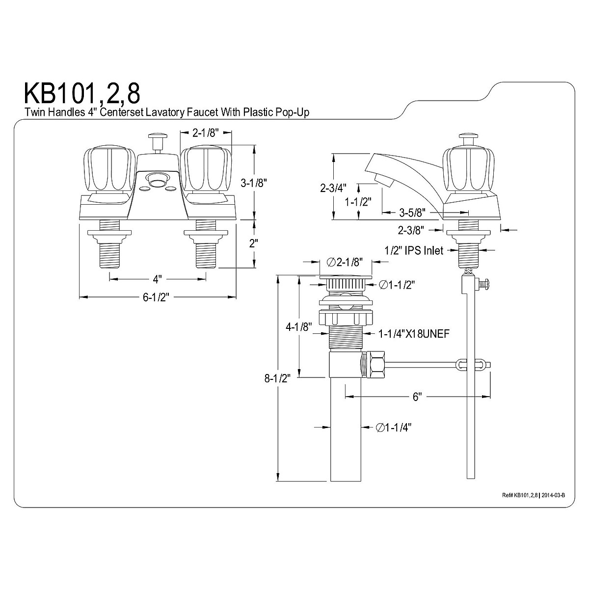 Kingston Brass KB102 Columbia Twin Acrylic Handle 4-Inch Centerset Faucet with ABS Pop-Up, 3-5/8-Inch, Polished Brass