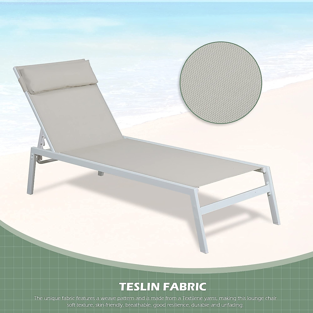 PATIO TREE 2 PCS Patio Full Flat Chaise Lounges Outdoor Steel Recliner Lounge Chairs with Four-Position Adjustable Backrest, Beige