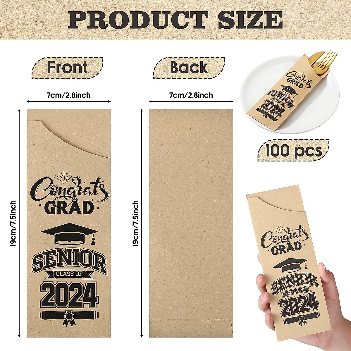Ireer 100 Pcs Class of 2024 Graduation Paper Silverware Bags Utensil Holder for Graduation Party Supplies Pocket Sleeves for College Senior High School Congrats Grad Table Centerpiece Decor (Brown)