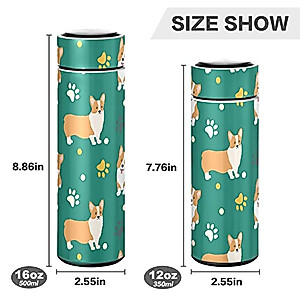 CaTaKu Small Water Bottle 12 oz, Green Corgi Footprint Insulated Water Bottle for Water Coffee Tea Stainless Steel Flask Thermos Bottle Reusable Wide Mouth Vacuum Travel Mug