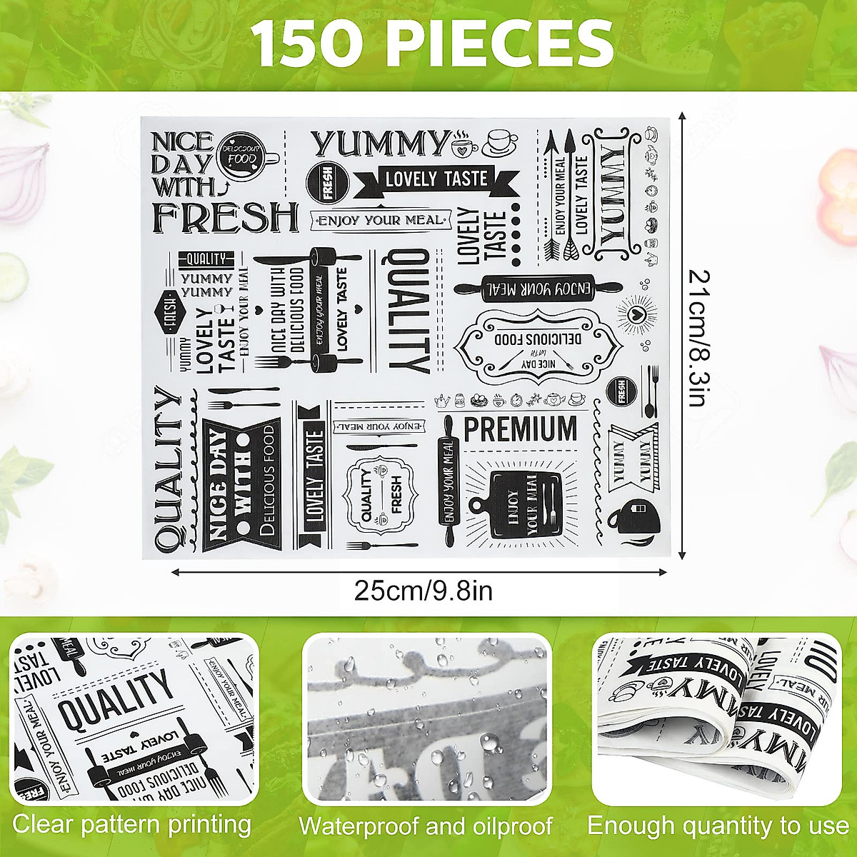 Wax Paper Sheets Deli Newsprint Food Basket Liners Sandwich Wrapping Paper Grease Resistant Waterproof Wrapping Tissue Hamburger Picnic Paper for Baking Kitchen 8.3 x 9.8 Inch(150 Pcs)