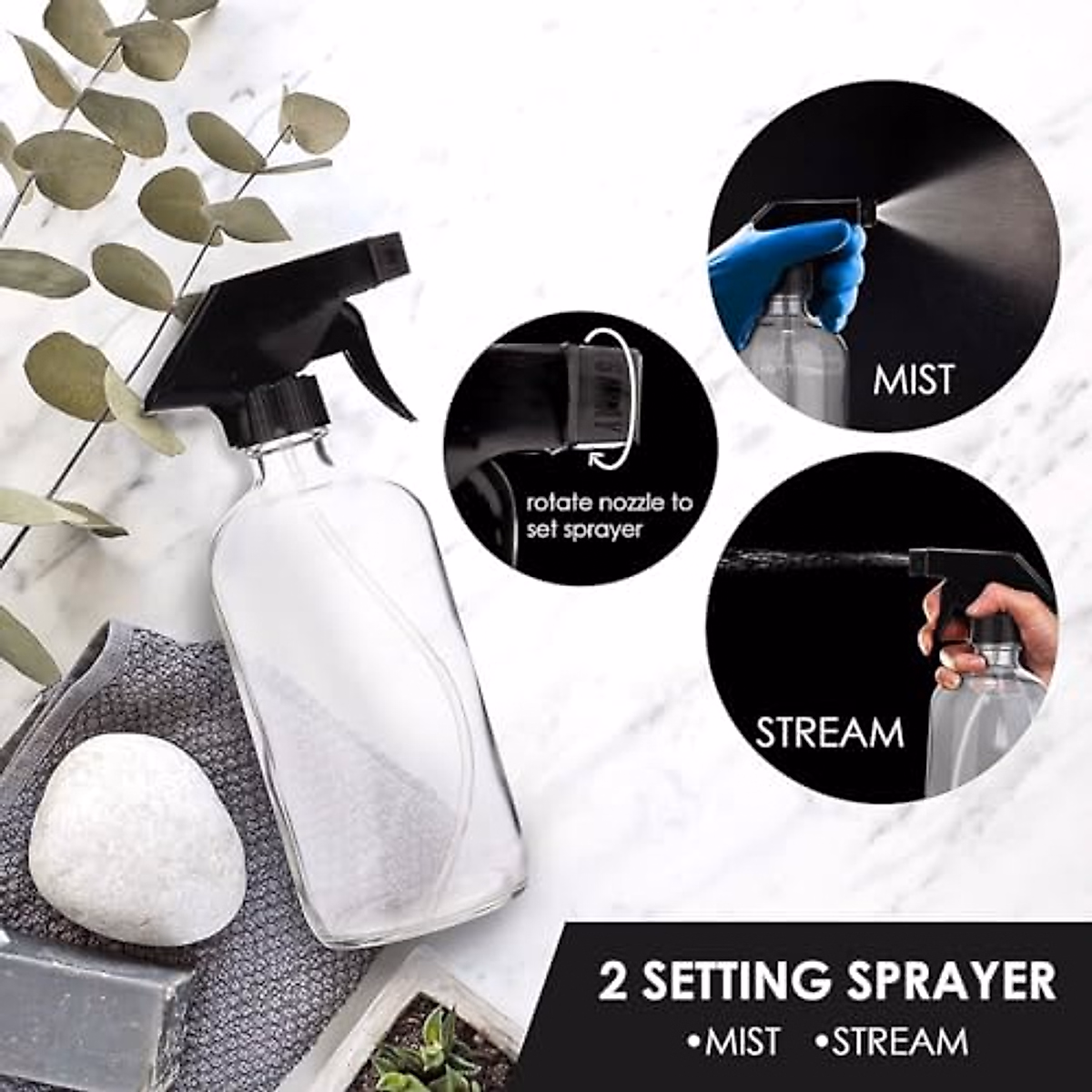 Chef's Star Glass Spray Bottles for Cleaning Solutions, Plants, and Hair, Empty Refillable Misting Spritzer with 3 Adjustable Spray Settings, 16 Oz, Pack of 2, Clear