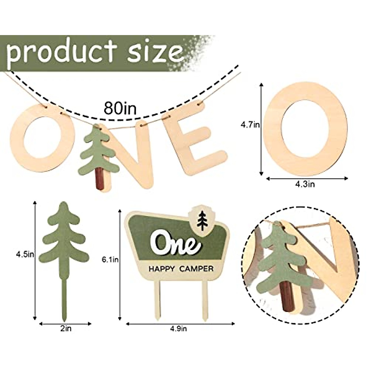 One Happy Camper Wood Banner/Cupcake Topper Set - Camping Cake Topper, Woodland Birthday Party Decoration, One Happy Camper Birthday Banner, First High Chair Wood Safari Jungle Garland For Baby Shower Boy/Girl(Wooden One Happy Camper 1st Birthday Toppers/