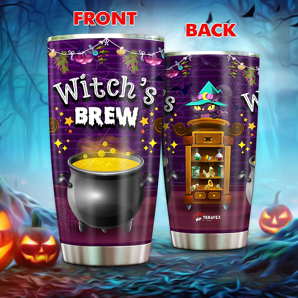 TERAVEX Witches Brew Tumbler with Lid - Classy Halloween Tumbler Cup - Cute, Funny Witch Gifts for Friends - Durable, Vacuum Insulated Cup - Stainless Steel Tumbler for Hot or Cold Drinks