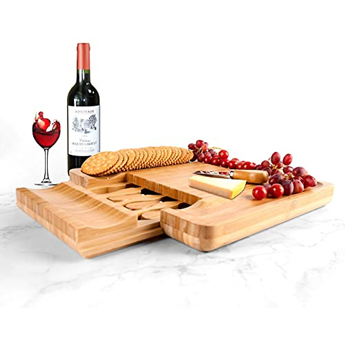 Natural Premium Bamboo Cheese Board - with Slide Out Cheese Knife Drawer, Perfect as a Charcuterie Platter and Wine Serving Tray. Ideal for Birthdays, Weddings or Housewarming Gifts.