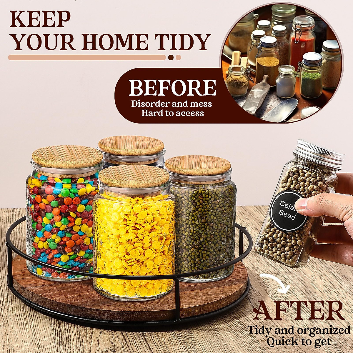 Geetery 4 Pack 11 Inch 12 Inch Wood Lazy Susan Organizer for Cabinet 360 Degree Kitchen Countertop Turntable Organizer with Steel Edges Lazy Susan Turntable Storage for Table Spices Pantry Fridge