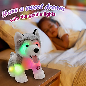 Athoinsu Light up Husky Dog Stuffed Animal Soft Glowing Plush Puppy Toy with Magic LED Night Lights Valentine's Day Children's Day Birthday for Toddler Kids, 8''