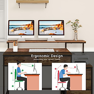 VENNQD Computer Desk with Reversible Drawer Cabinet Printer Stand, Ergonomic Office Desk with Monitor Stand, Home Office Desks with Storage Fabric File Drawers for Writing, Gaming, Studing (Brown)