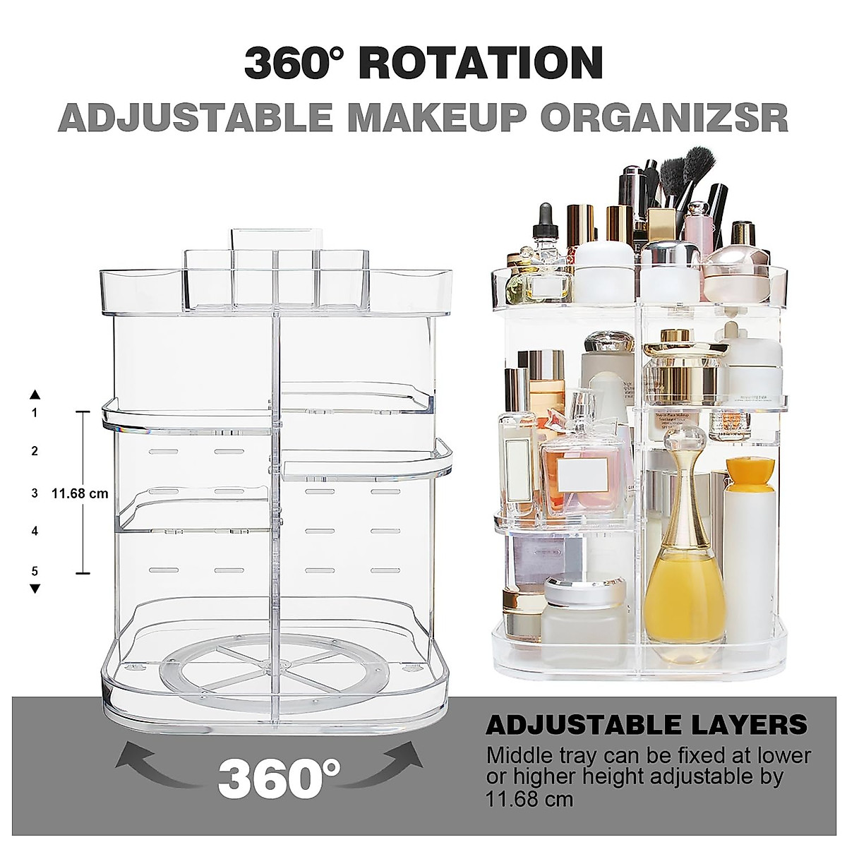 AMEITECH 360-Degree Makeup Organizer, DIY Adjustable Rotating Cosmetic Storage Carousel Spinning Holder Storage Rack with 5 Layers Large Capacity, Best for Countertop, Square