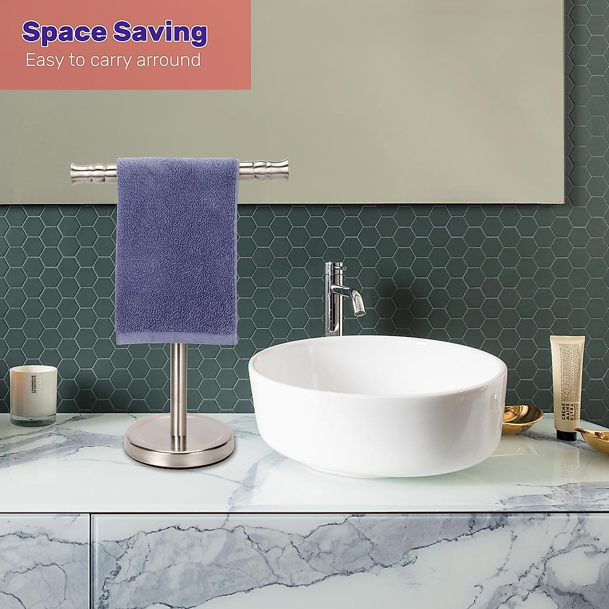 Sfemn Hand Towel Holder Stand for Bathroom Vanity Countertop SUS304 Stainless Steel T-Shape Free Standing Towel Rack Stand Towel Bar for Bathroom Kitchen (Brushed Nickel)