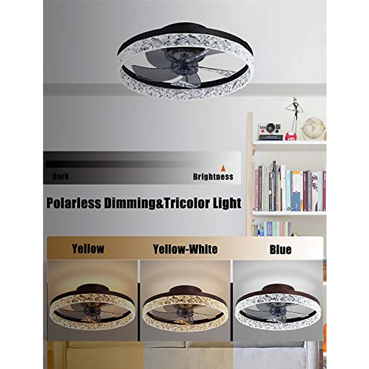 QUMFIXPU 20" Round Flush Mount Ceiling Fan with Lights, Modern Dimmable LED Low Profile Fan, Hidden Reversible Blades, Multi-Speed and Timing with Remote Control (Black)…