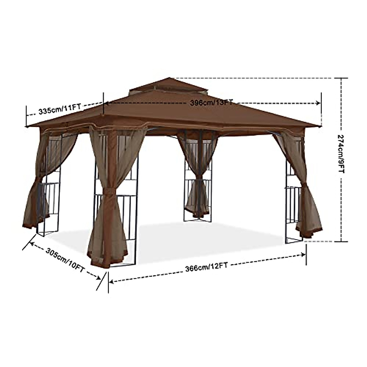 MASTERCANOPY Patio Outdoor Gazebo with Netting Screen Walls and Corner Shelf Design (11x13,Brown)