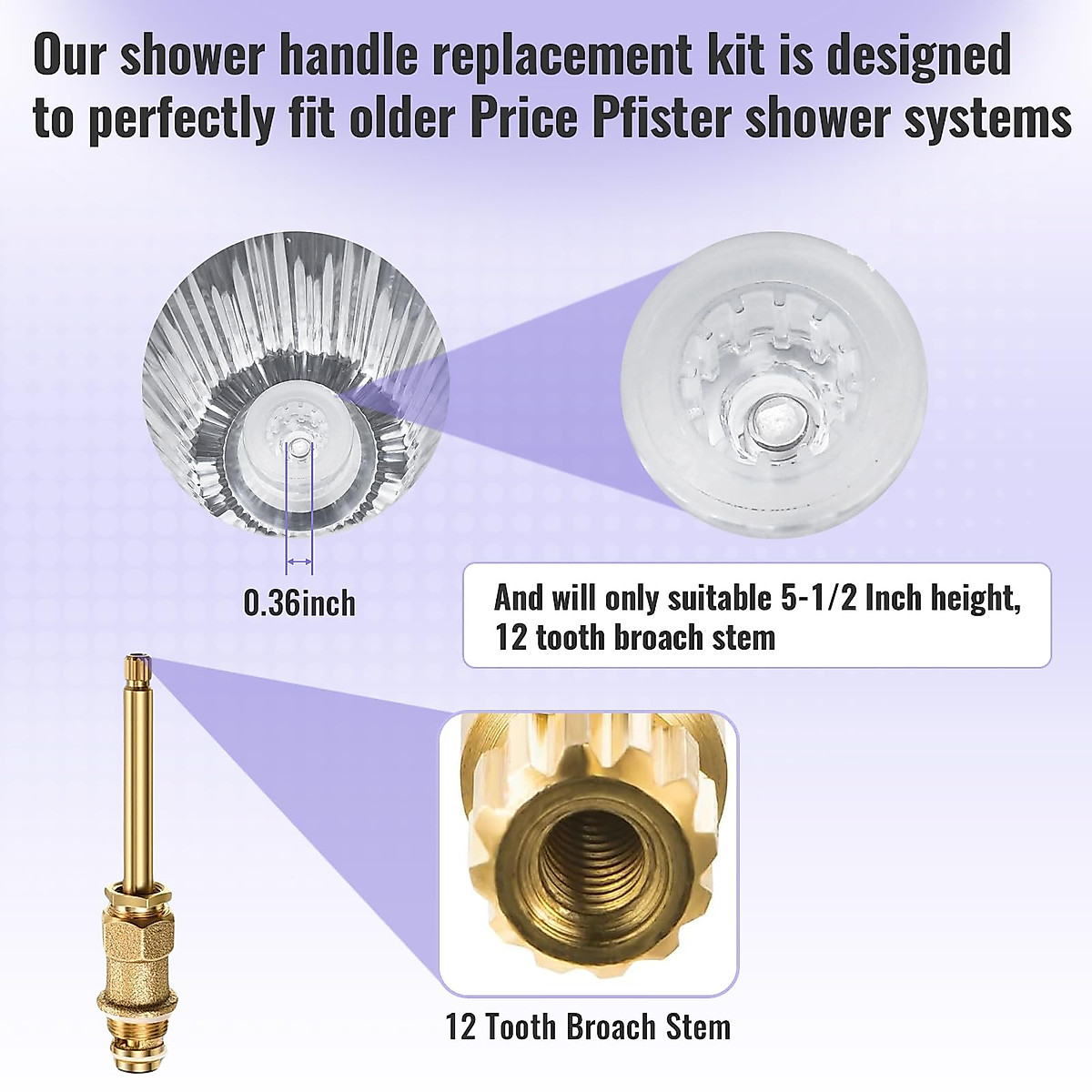 hansengroe Shower Knobs 3 Piece Replacement for Price Pfister Bathtub Faucet Handles, 12 Point Broach, Clear Acrylic Shower Handles Hot and Cold Replacement Kit Include Diverter