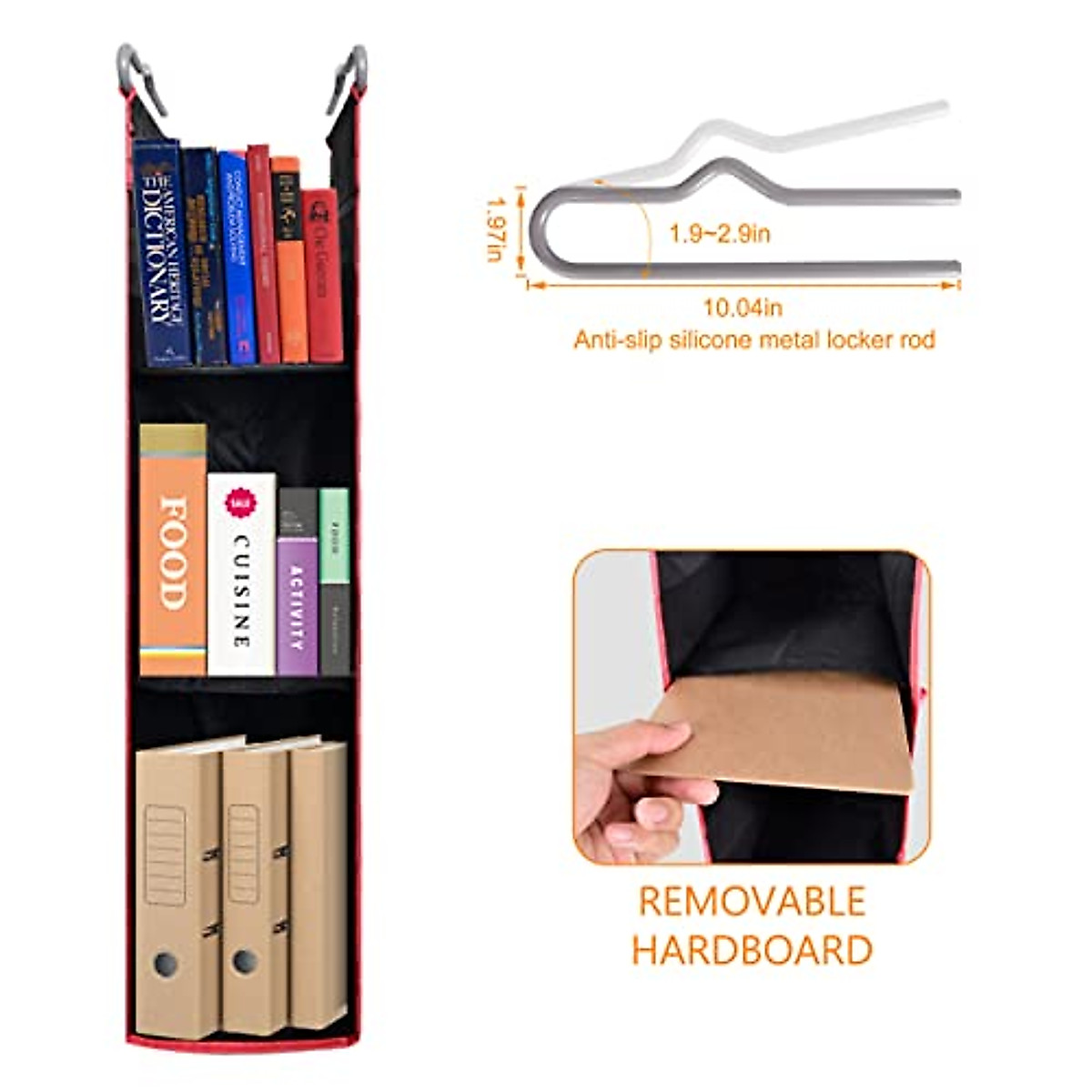 Libeder 3 Shelf Hanging Locker Organizer for School, Work, Gym, Closet, Adjustable Hanging Locker Accessories Shelves for Girls Boys, Hangs from Shelf, Hooks or Rod to Create Storage Space(Black-Red)