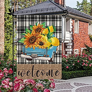 YOVOYOA Hello Summer Sunflowers Lemon Garden Flag for Outside, Summer Truck Welcome Yard Flag, Hello Sunshine 12.5 x 18 Inch Double Sided Plaid Flag for Farmhouse Patio Lawn Yard Outdoor Decor