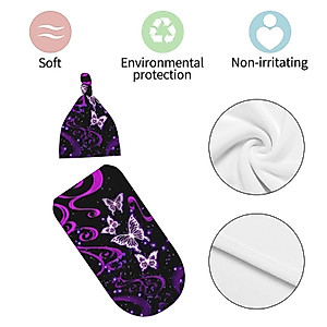 Ykklima Baby Newborn Swaddle Blanket with Beanie Hat- Purple Butterfly Pattern Receiving Blanket Sleep Sack for Girls Boys Infant Gifts