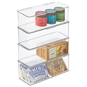 mDesign Plastic Kitchen Pantry and Fridge Storage Organizer Box Containers with Hinged Lid for Shelves or Cabinets, Holds Food, Snacks, Canned Drinks, Seasoning, Condiments, or Utensils, 4 Pack, Clear