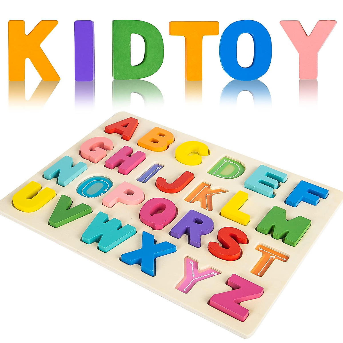 Attmu Wooden Puzzles for Toddlers, Alphabet Puzzle and Number Puzzle, 2 in 1 Preschool Educational Learning Toys with Chunky Wood ABC Puzzle Board, for Girls Boys Kindergarten Set of 2