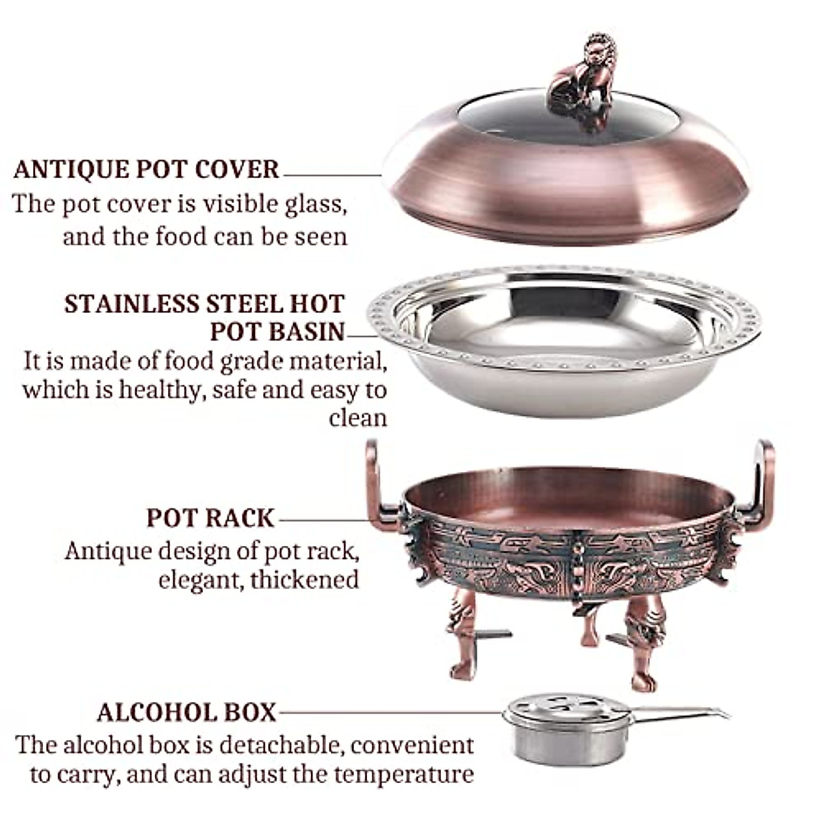 Round Chafing Dish Set for Wedding Banquets Party, Stainless Steel Chafer Buffet Server Warming Tray, with Food Pan, Frame, Lid and Fuel Holder,Red Copper,26cm