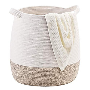 MINTWOOD Design Large 17 x 17 Inches Decorative Woven Cotton Rope Blanket Basket for Living Room, Laundry Basket Hamper, Storage Baskets with Handles for Toys, Throws, Pillows, Towels, Shoes, Brown