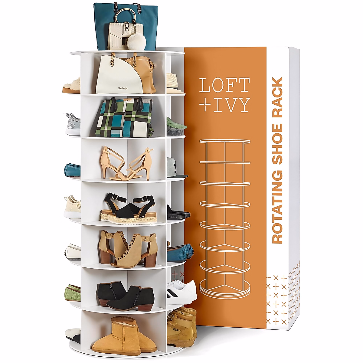 LOFT + IVY Rotating Shoe Rack tower Updated Version -360 Spinning Shoe Rack organizer-Lazy Susan for shoes - Fits 28 pairs of shoes - Spinning and Revolving Round Shoe Rack Carousel - 7 tier shoe rack