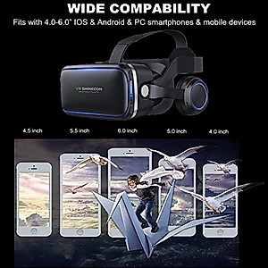 VR Glass Virtual Reality Headset w/ Remote & Headphone for iPhone 11 Pro XS XR X 8 7 6 S +, Samsung Galaxy S10 E S9 S8 S7 S6 Edge, 3D VR Goggle for 3D Movie & Game for iOS & Android Smartphone, Black