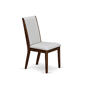 East West Furniture HBLA3-AWA-05 3 Piece Dining Room Furniture Set Contains a Round Dining Table with Pedestal and 2 Grey Linen Fabric Upholstered Chairs, 42x42 Inch, Walnut