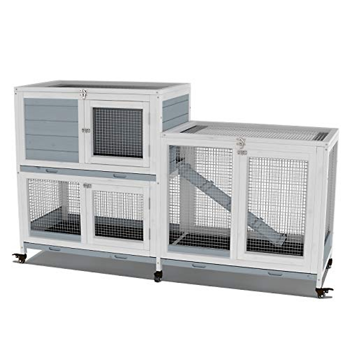 GDLF Two Floors 58" Wooden Indoor Bunny Hutch Rabbit Cage on Wheels Guinea Pig PET House for Small to Medium Animals Waterproof No Leak Tray