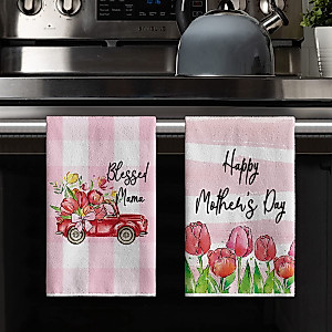 Artoid Mode Watercolor Stripes Buffalo Plaid Tulip Blessed Mama Happy Mother's Day Home Kitchen Towels, 18 x 26 Inch Ultra Absorbent Coffee Tea Bar Hand Towels Gift for Cooking Baking Set of 2