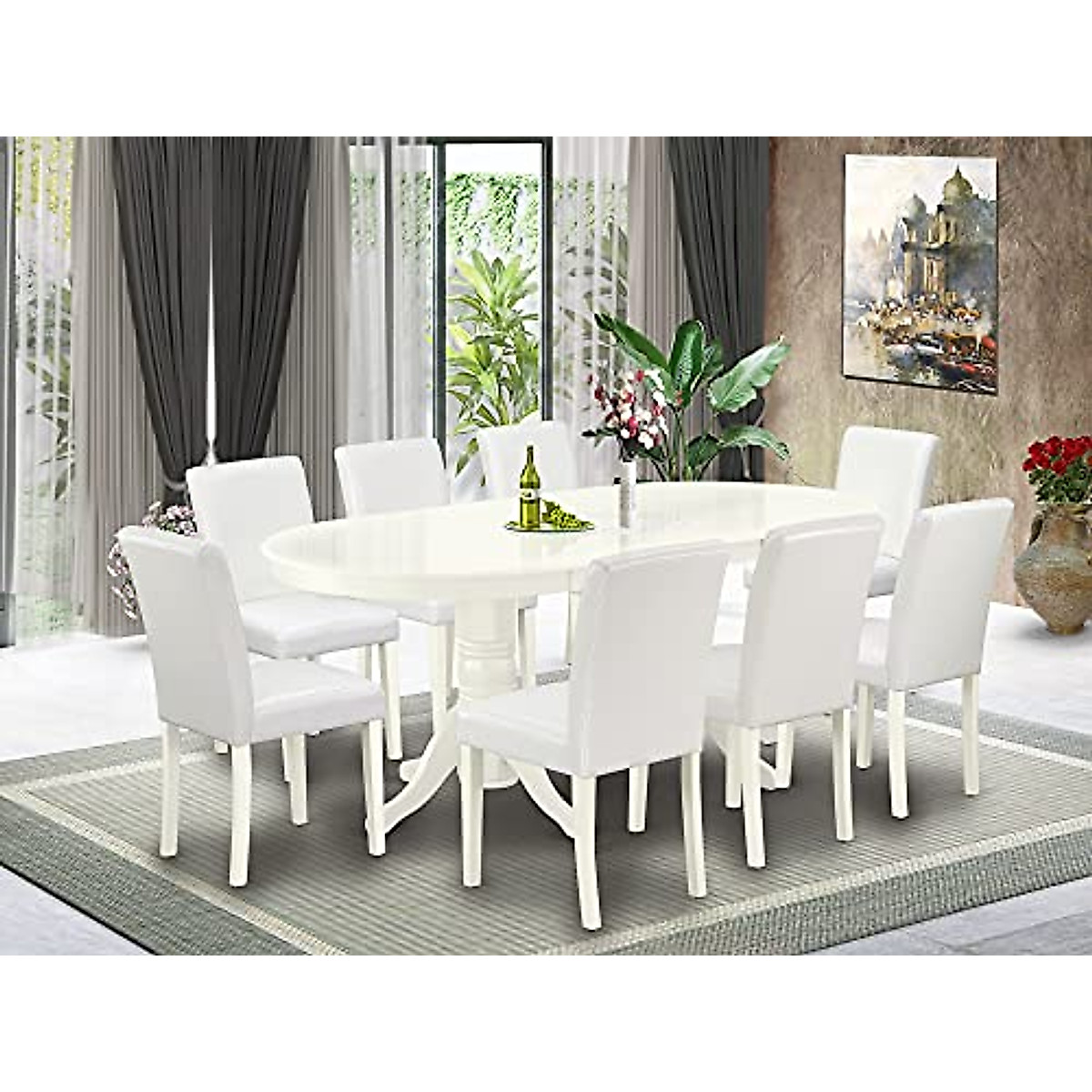 East West Furniture VAAB9-LWH-64 9Pc Dinette Set Includes a 59/76.4 Inch Oval Dining Table with Butterfly Leaf and 8 Parson Chair with Linen Leg and PU Leather Color White, 9 Pieces