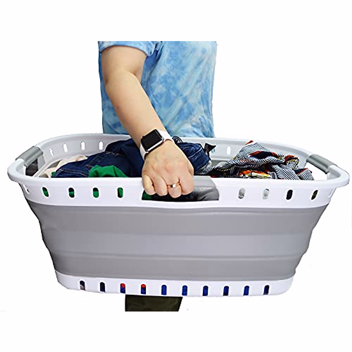 SAMMART 44L (11.6 gallon) Collapsible Plastic Laundry Basket-Foldable Pop Up Storage Container-Portable Washing Tub- pace Saving Hamper, Water Capacity: 35L (9.2 gallon) (White/Grey (Set of 2))