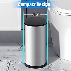 Anzoymx Stainless Steel Bathroom Trash Cans 1.8 Gallons Small Garbage Can with Pop up Lid, Dog Proof Narrow Wastebasket, Slim Waterproof Litter Trash Bins Set for Bedroom, Toilet, Office (Silver)