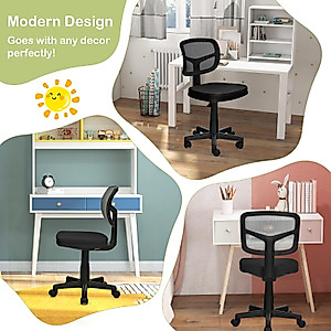 Giantex Kids Desk Chair, Low-Back Mesh Computer Chair Armless Ergonomic Office Chair with Adjustable Height, Y-Shaped Support for Teens Kids, 360° Swivel Task Chair for Home Office School (Black)